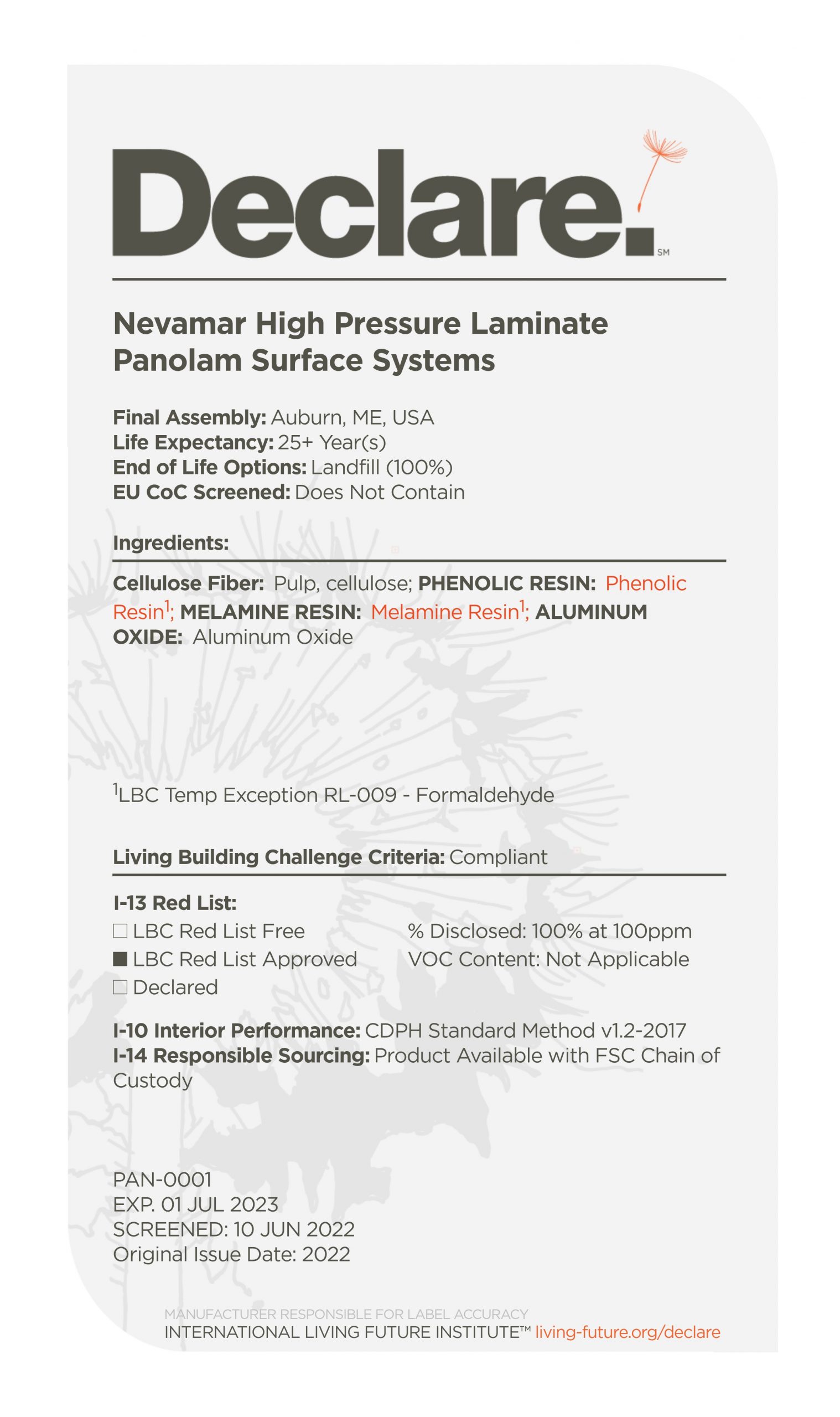 Declare Label Nevamar HPL 2022 | Panolam Surface Systems